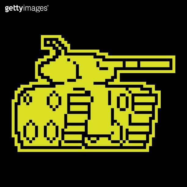 Pixel silhouette icon, combat army track tank with long barrel for ...