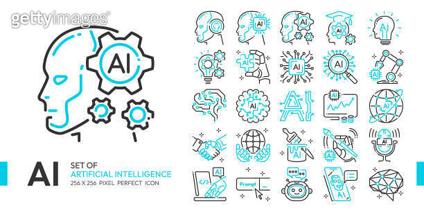 AI Artificial intelligence blue line icon set with cybernetic, machine ...
