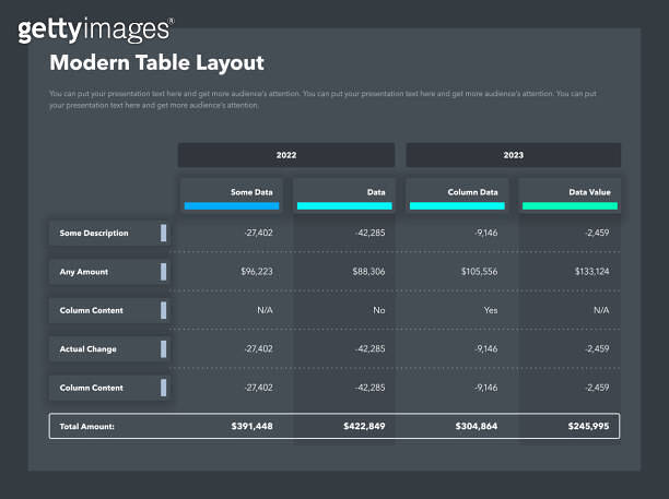 Modern table layout template with years columns and a total sum row ...