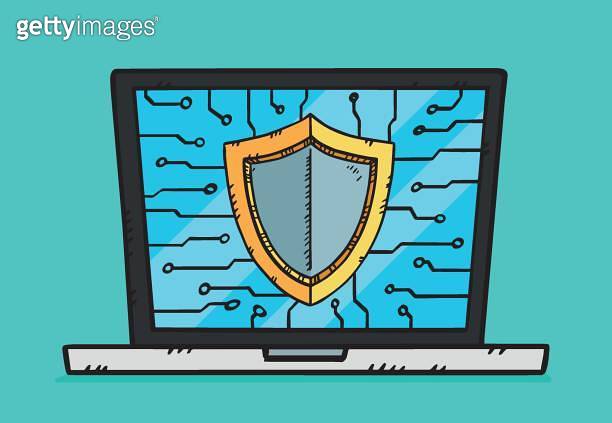 Hand-drawn vector illustration of cyber security shield display on ...