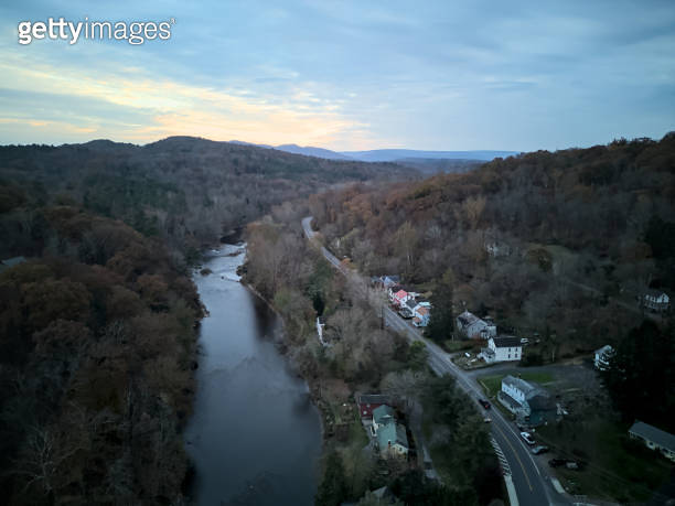 aerial drone view of rondout creek from rosendale trestle at dusk ...