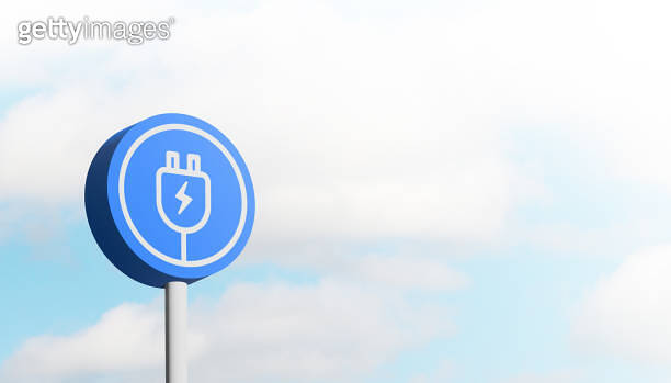 EV charging sign. Recharging point for electric vehicles sign against ...