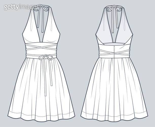 Halter Neck Dress technical fashion Illustration. Mini Dress fashion ...