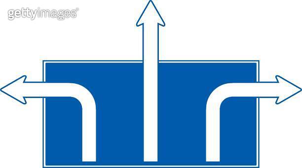 Illustration of a road/traffic sign with arrows protruding in three ...
