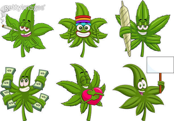 Funny Marijuana Leaf Cartoon Characters. Vector Hand Drawn Collection ...