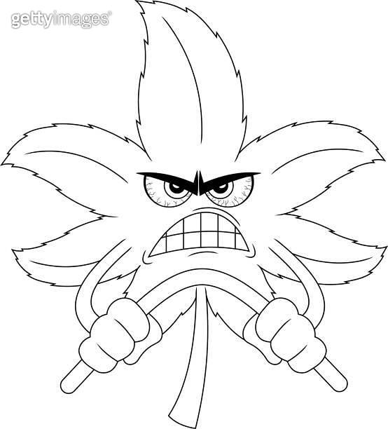Outlined Angry Marijuana Leaf Cartoon Character With Hands Bend A Metal ...