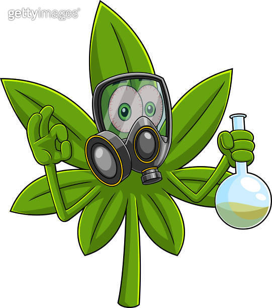 Marijuana Leaf Cartoon Character With Gas Mask Holding Medical Glass ...