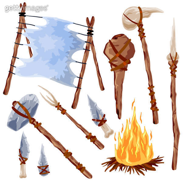 Prehistoric weapons. Set of caveman tools. Primitive spear and stone ...