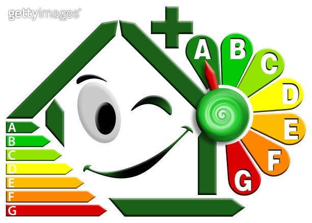 House Energy Efficiency Rating - Symbol of a House with Smiley Face 이미지 ...