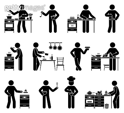 Stick figure man cooking home kitchen vector illustration set. Stickman ...
