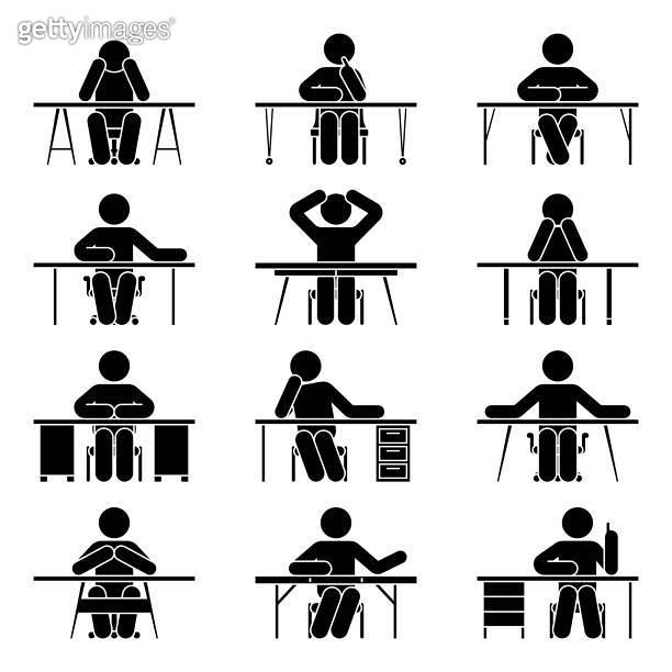 Stick figure man sitting at table front view vector illustration set ...