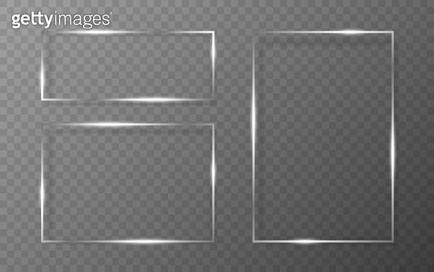 Silver frames collection. Glowing squares on transparent backdrop. Thin ...
