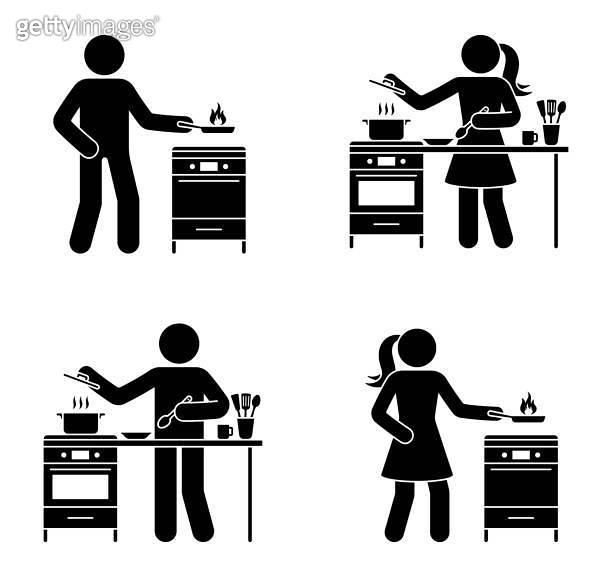 Stick figure man and woman making soup, frying at home kitchen vector ...