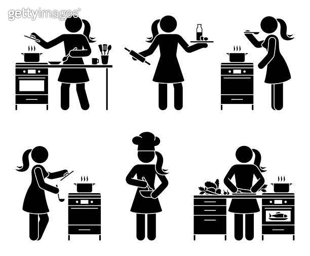 Stick figure female cooking at home kitchen vector illustration. Girl ...