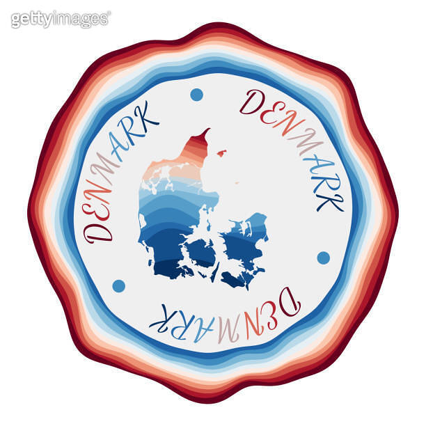 Denmark badge. Map of the country with beautiful geometric waves and ...