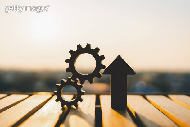 Cogwheels and up Arrows, Operational excellence, Optimize technology ...