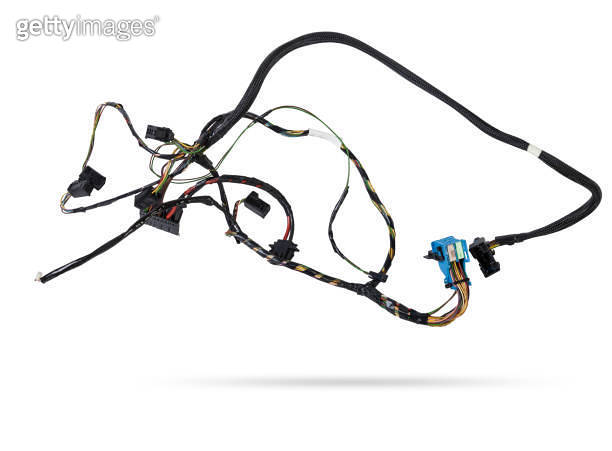 A cable of matted wires of different colors with connectors in the ...