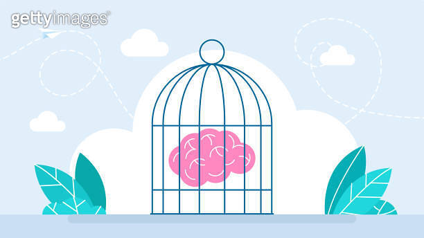A brain in the cage. Describe confined mind. Human brain trapped in ...