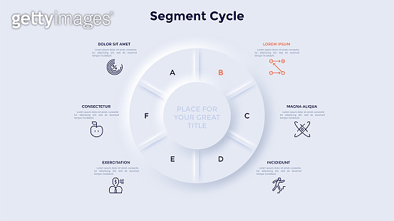 Round pie chart divided into 6 segments. Concept of six features of ...
