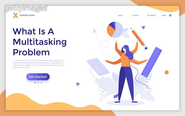 Landing page template with woman with four hands holding keyboard ...