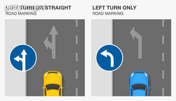 Road markings meaning. Left turn or straight and left turn only ...