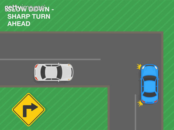 Safe driving tips and traffic regulation rules. Slow down, sharp turn ...