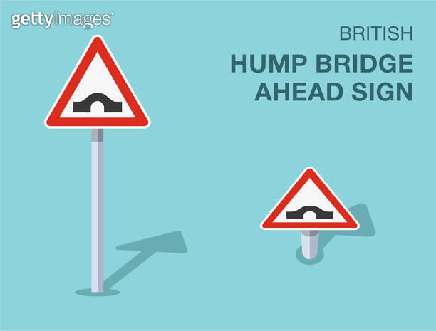 Traffic regulation rules. Isolated British hump bridge ahead sign ...