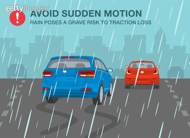 Safe driving rules and tips. Driving on a rainy and slippery road ...