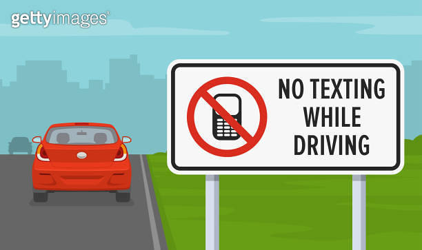Safe driving tips and rules. No texting while driving traffic sign. Do ...