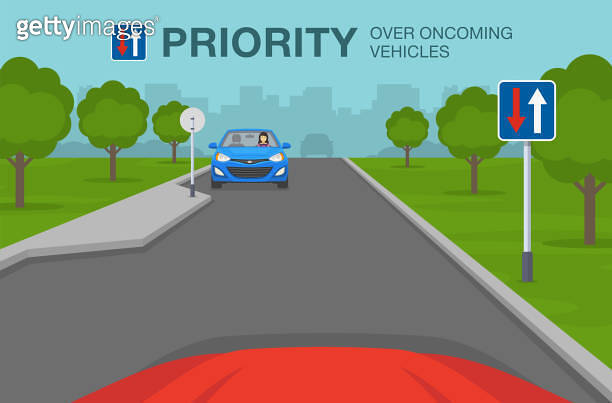 Safe driving tips and traffic regulation rules. Priority over oncoming ...