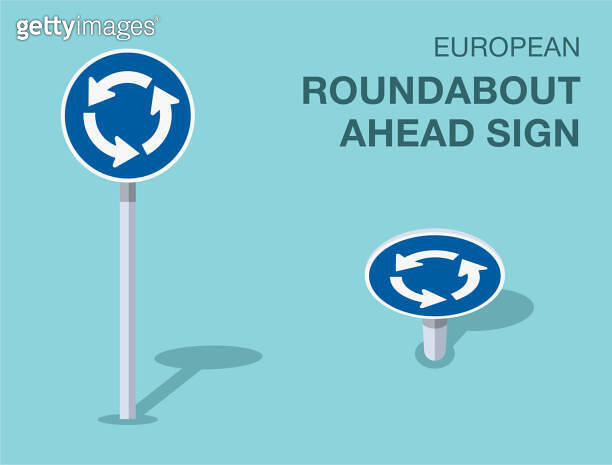 Traffic regulation rules. Isolated european roundabout ahead sign ...