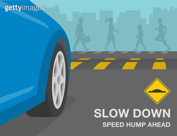 Safety car driving rules. Speed bump on the city road. Slow down, speed ...