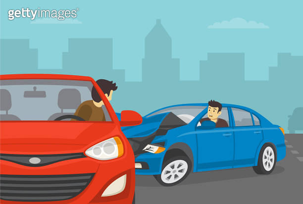 Close-up of a driver looks back after other car hits rear side. Road ...