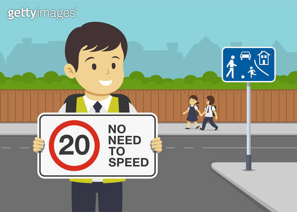 Safety driving tips and rules. School kid holding obey the speed limit ...