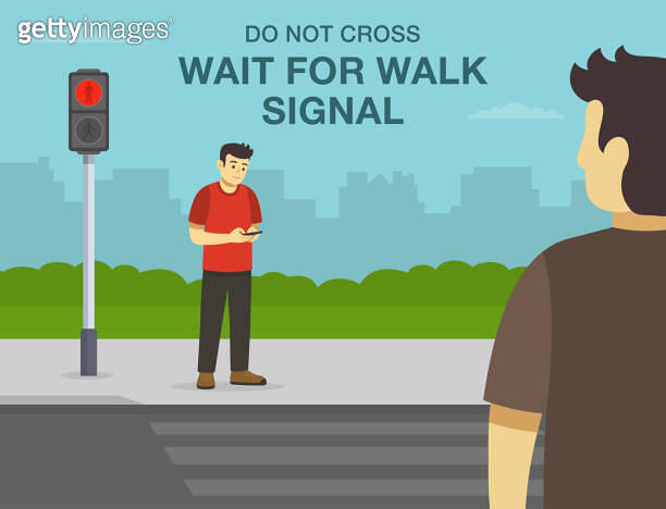 Pedestrian road safety rules and tips. Young male character uses mobile ...