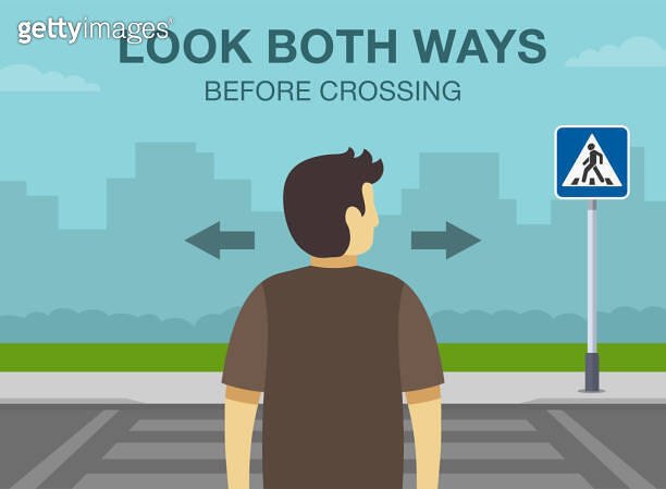 Pedestrian road safety rules and tips. Young male character is about to ...