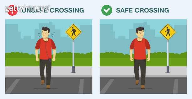 Pedestrian safety rules and tips. Safe and unsafe street crossing ...