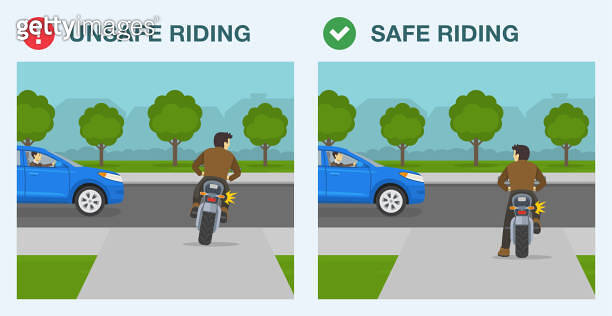 Safe and unsafe motorcycle riding. Back view of a male biker leaving ...
