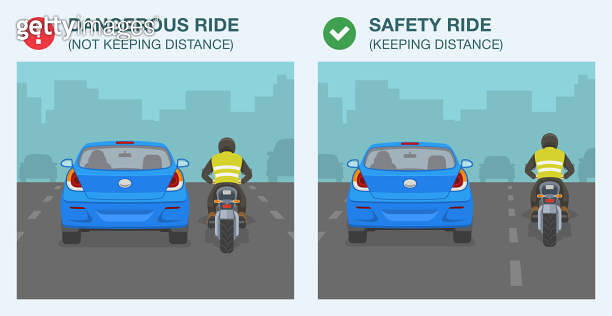 Blue sedan car and sport motorcycle on a city highway. Safety and ...