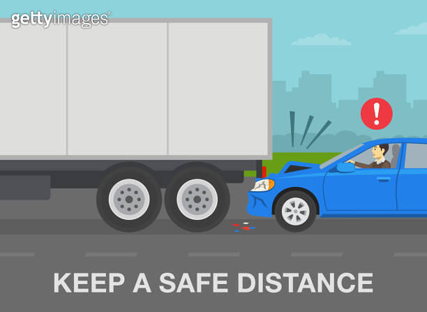 Safe driving rules and tips. Blue sedan car and truck trailer accident ...
