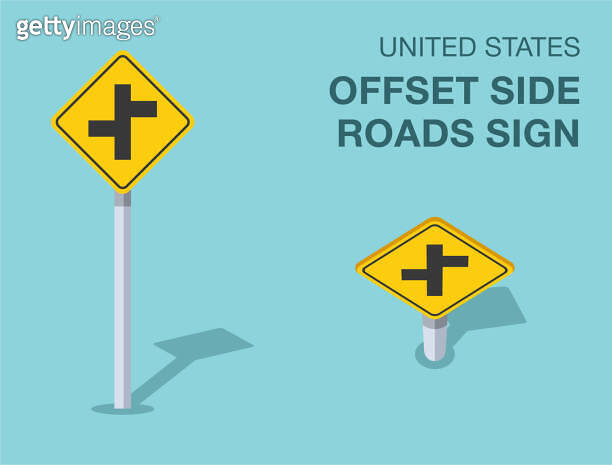 Traffic regulation rules. Isolated United States offset side roads sign ...