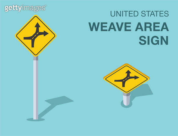Traffic regulation rules. Isolated United States weave area sign. Front ...