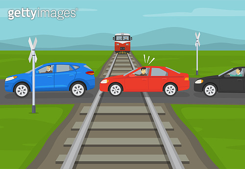Traffic jam at railway level crossing. Terrified young male driver got ...