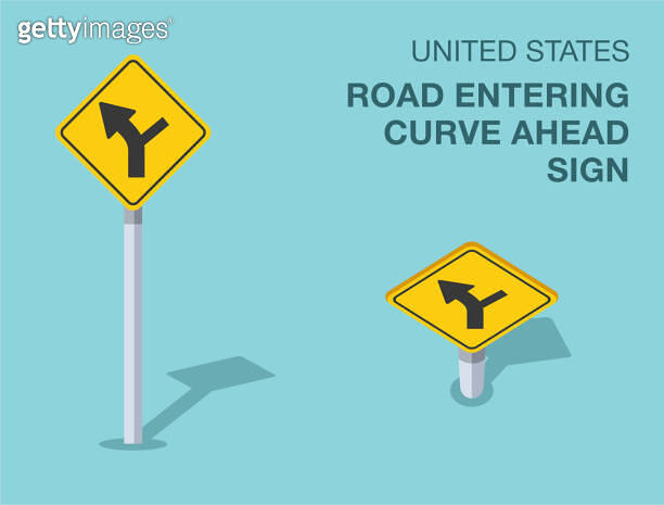 Traffic regulation rules. Isolated United States road entering curve ...