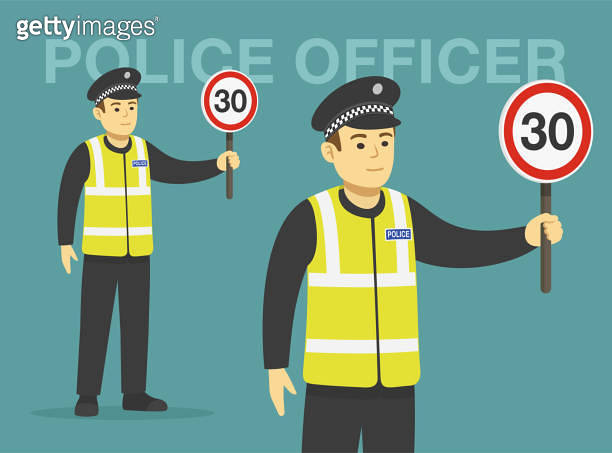 Isolated european traffic police officer holding a speed limit sign. 30 ...