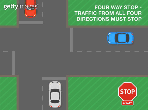Safe driving tips and traffic regulation rules. Four way stop, traffic ...