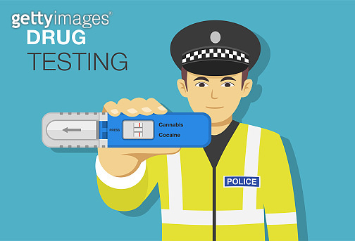 Traffic police officer holding a drug testing kit. Close-up of test ...