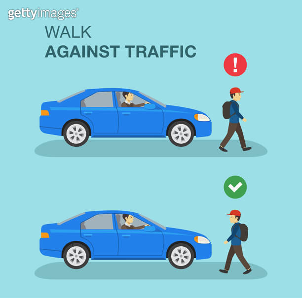 Driving a car. Pedestrian safety rules and tips. Walk or run against ...