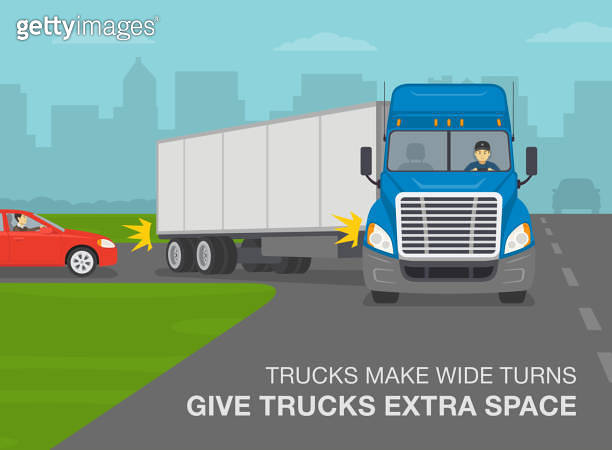 Safety driving and traffic regulation rules. Blue semi-truck turning ...