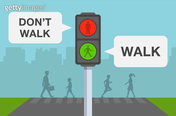 Pedestrian safety rules. Walk or Don't Walk Signals. Close-up of ...